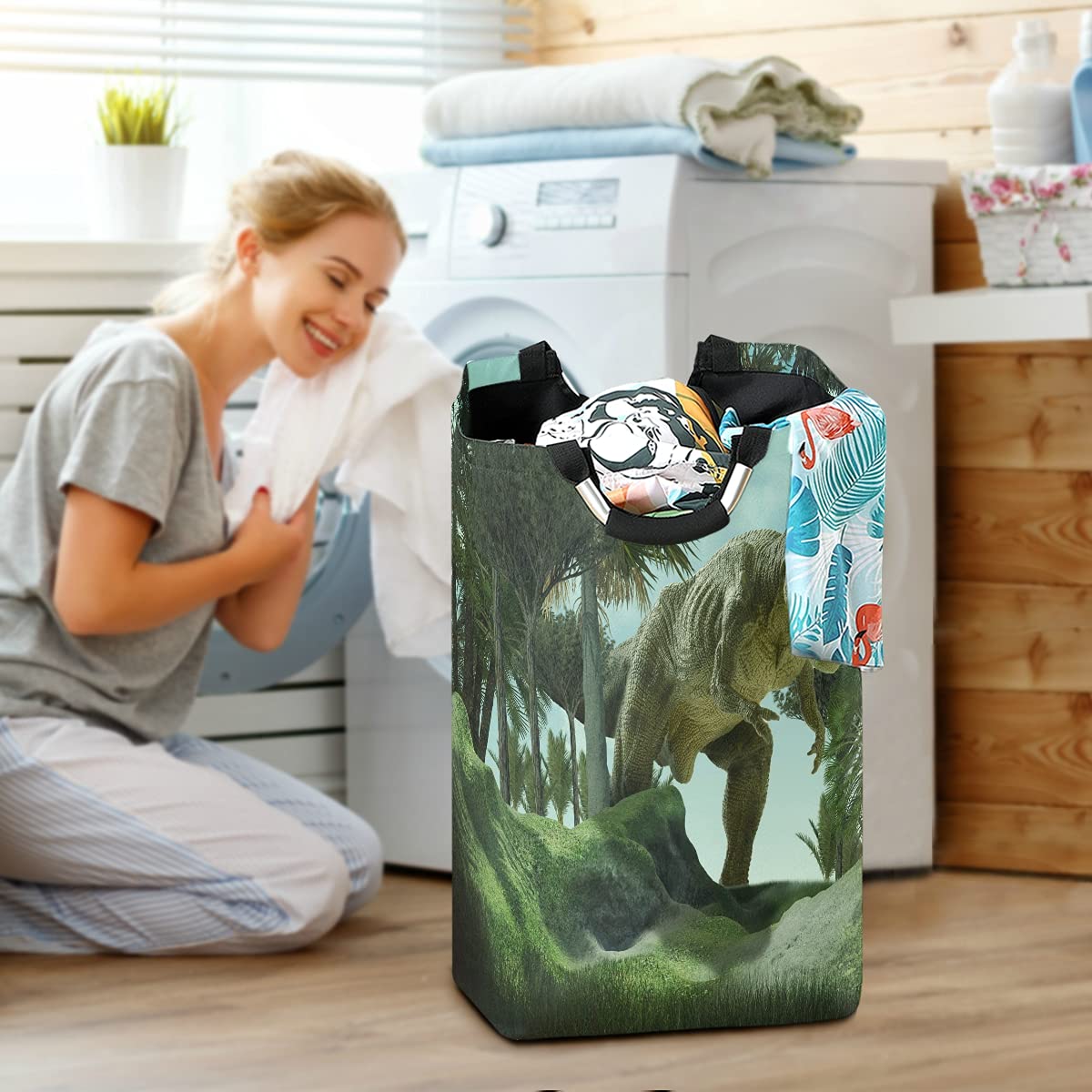 Jurassic Dinosaur Jungle Park Large Laundry Basket Collapsible Laundry Bag Hamper Foldable Cloth Storage Bin with Handles for Kids Dorm Bedroom