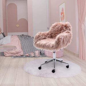 HomVent Fluffy Desk Chair Pink Faux Fur Vanity Chair Adjustable Swivel Computer Chair on Wheels Height Adjustable Cute Desk Chair for Makeup Room Teen Girls Bedroom Home Office (Pink)