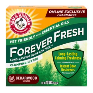 arm & hammer forever fresh clumping cat litter cedarwood, multicat 18lb, pet friendly with essential oils, (pack of 1)