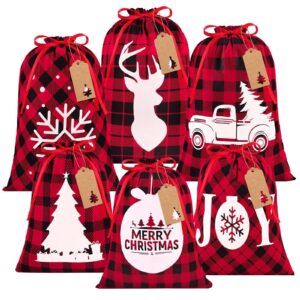 aneco 6 packs christmas buffalo plaid drawstring bags red and black plaid gift bag cotton xmas buffalo plaid present bags with 24 tags rope for christmas gift wrapping, assorted sizes