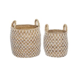 deco 79 banana leaf handmade decorative and functional storage basket string detail basket organizer with handles, set of 2 basket for storage 19", 17"h, brown