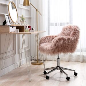 HomVent Fluffy Desk Chair Pink Faux Fur Vanity Chair Adjustable Swivel Computer Chair on Wheels Height Adjustable Cute Desk Chair for Makeup Room Teen Girls Bedroom Home Office (Pink)