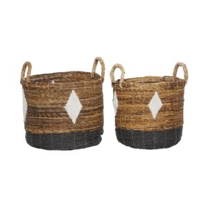 deco 79 banana leaf handmade diamond detail storage basket with handles, set of 2 17", 16"h, brown