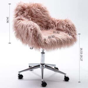 HomVent Fluffy Desk Chair Pink Faux Fur Vanity Chair Adjustable Swivel Computer Chair on Wheels Height Adjustable Cute Desk Chair for Makeup Room Teen Girls Bedroom Home Office (Pink)