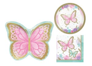 party creations butterfly party supplies for 8 people | floral butterfly themed paper plates and napkins | butterfly shimmer design, multicolor