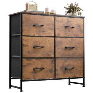 wlive 6 drawer dresser for bedroom, fabric double dresser, storage tower with fabric bins, chest of drawers for closet, living room, hallway, rustic brown wood grain print