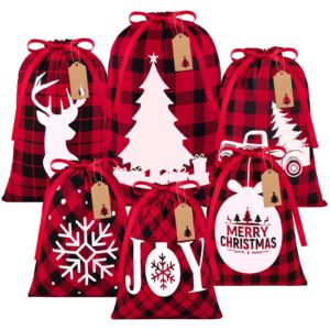 aneco 6 pieces buffalo plaid drawstring bags 3 sizes cotton christmas santa sack xmas stocking bag red and black gift bags with 24 pieces kraft tags for christmas party decoration