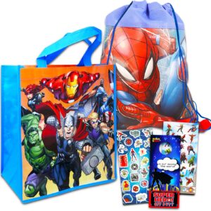 marvel avengers drawstring and tote bag set ~ 5 pc bundle with avengers and spiderman travel bags for kids and toddlers, stickers, and more (superhero sling bag totes)