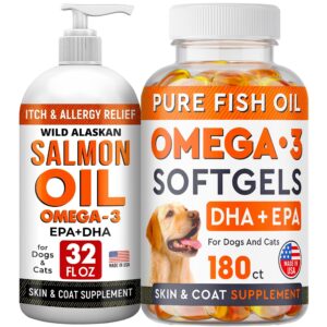 32oz salmon oil omega 3 + omega 3 fish oil pills for dogs bundle - joint health - allergy relief - itch relief, shedding - skin and coat supplement - omega 3 6 9 - epa & dha fatty acids - usa