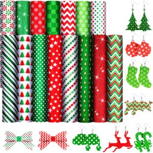 15 pieces christmas leather sheets glitter synthetic leather fabric snowman printed fabric sheets waterproof christmas sheets for holiday christmas bows earrings making supplies (bright style)