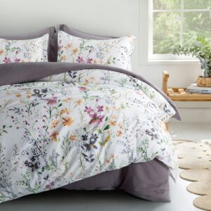 windflower bedding bloomfield floral duvet cover 3pc set cotton botanical nature vines branches birds butterflies multicolored flowers (super king, white)