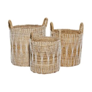 set of 3 brown banana leaf storage basket 21", 19", 17"h