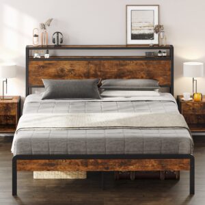 likimio full bed frame, platform bed frame full with 2-tier storage headboard and strong support legs, more sturdy, noise-free, no box spring needed, vintage brown