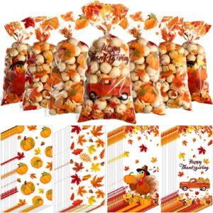 160 pieces thanksgiving treat bags fall cellophane bags plastic happy thanksgiving pumpkin fall leave turkey sign gift bags with 160 gold twist ties for thanksgiving fall autumn theme party supplies