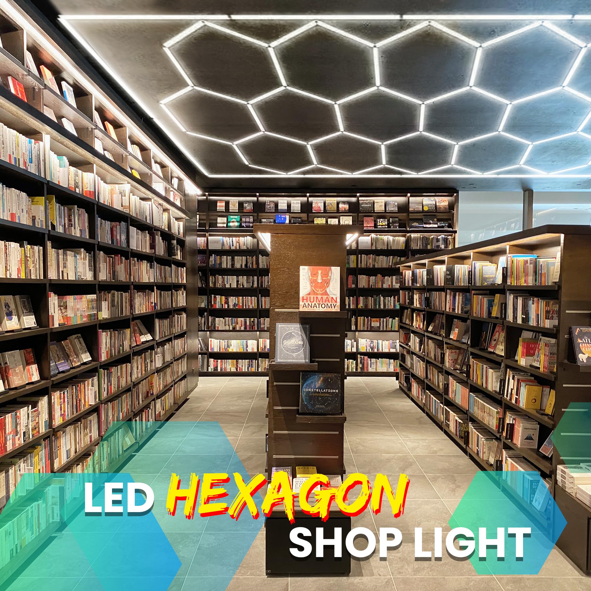 GOSLARLIT Led Garage Hexagon Light,15 Hexagon Garage Ceiling Led Lights for Gym/Workshop with Rectangle Frame, IP54 2 Year Warranty AC 100-240V(15.88 fts