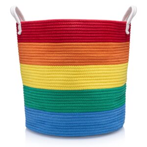 large rainbow baby laundry basket blanket holder rainbow classroom decor toy organizers and storage basket for blankets woven basket with handles cotton rope basket 16"x16"x16"