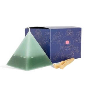 fifi peony gemstone candles- surprise hidden crystals embedded in a stunning pyramid canlde. scented with fruity lychee and lime.