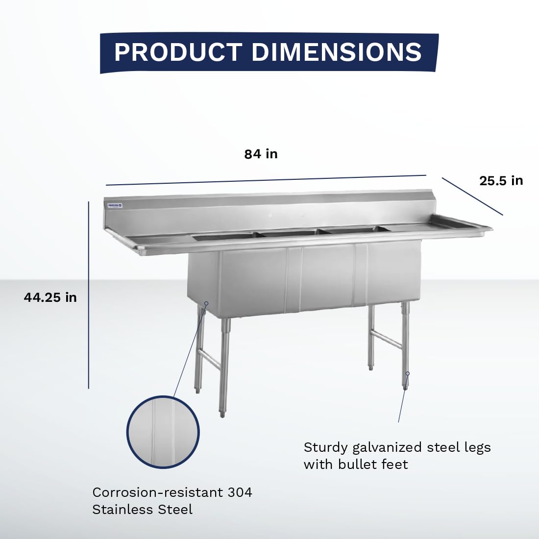 Kratos 29N-001-Commercial NSF 3 Compartment Sink - 16"Wx20"Lx14"H Bowl Size - (2) 18" Drain Boards