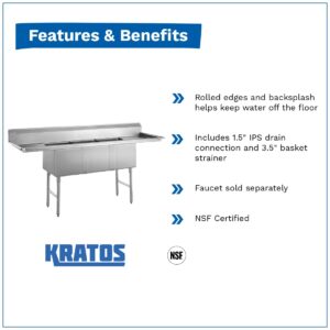 Kratos 29N-001-Commercial NSF 3 Compartment Sink - 16"Wx20"Lx14"H Bowl Size - (2) 18" Drain Boards