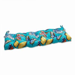 pillow perfect outdoor/indoor tufted bench/swing cushion, 18" x 56", blue butterfly garden turquoise