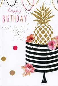 pictura pineapple in black and white striped pedestal birthday card