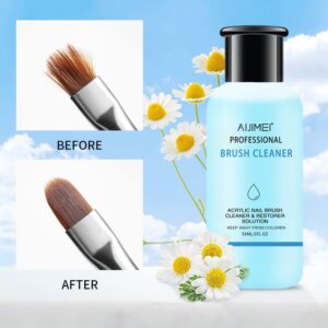 AIJIMEI Nail Brush Cleaner Preserver & Restorer Nail Brush Cleaner Solution Clean Manicure Brushes Set A with Glass Cup & Cleaning Cotton Pads for Nail Art Brushes 58ml (Brush Cleaner 2OZ)