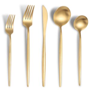 lemeya matte gold silverware set for 6,modern stainless steel brushed cutlery set,30-pieces fancy flatware set,knives spoons and forks set utensils set,satin finish,dishwasher safe