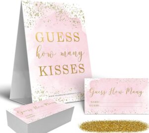 your main event prints pink and gold how many kisses game sign - guess how many - perfect for bridal showers and weddings - 1 self-standing sign and 50 guessing cards