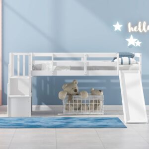 harper & bright designs kids twin loft bed with slide, low loft bed frame with stairs and storage shelves, slide loft bed for boys and girls, no box spring needed,white