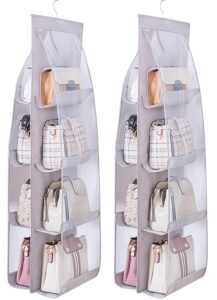 murri&murrdi 2 packs hanging handbag organizer for closet, purse storage holder with 8 easy access clear pvc pockets, purse hanger for wardrobe space saving organizer (2 gray)