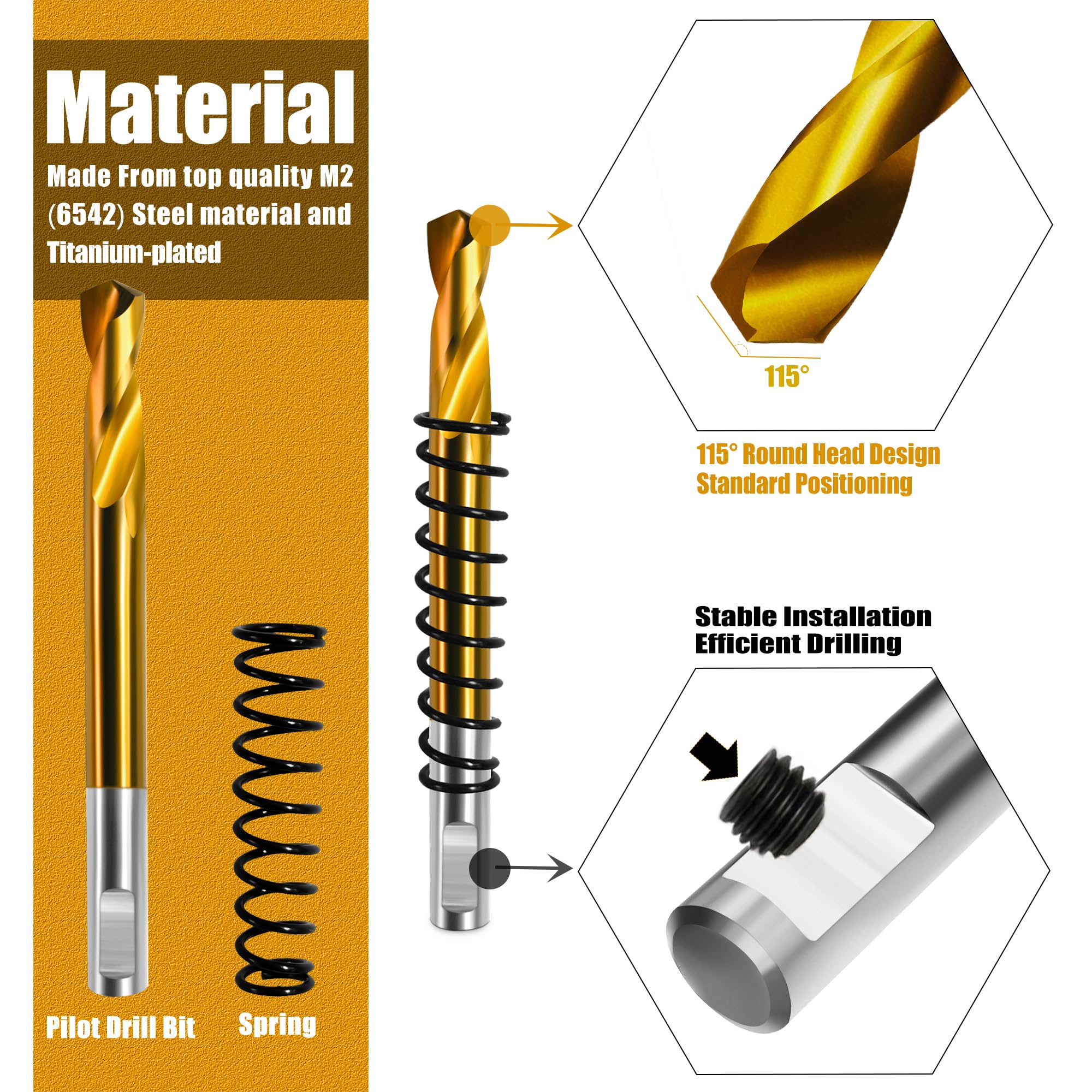 ASNOMY 5pcs Titanium-Plated M2 Steel Pilot Drill bit for Hole Saw, Hole Saw Center Drill bit for Metal, Steel, Iron, Wood, Plastic