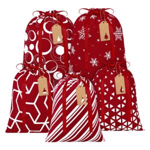 aneco 5 pieces red and white christmas bags xmas cotton fabric drawstring bags with 24 pieces kraft paper tags for storing christmas gifts parties, 5 styles, 2 sizes