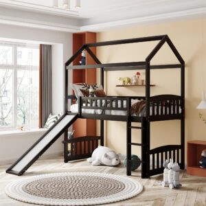 harper & bright designs twin loft bed with slide and ladder, house loft beds with roof and guardrail for kids, toddlers, teens (twin size, espresso)