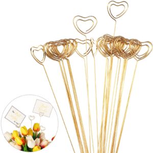 30 pcs metal wire floral place card holder pick 12 inch gold photo clip card heart shape table memo cake topper for wedding birthday baby shower party favor