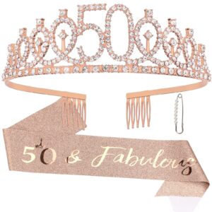 semato 50th birthday decorations 50th birthday tiara sash kit- 50th birthday gifts for women 50th birthday party decorations (rose gold)