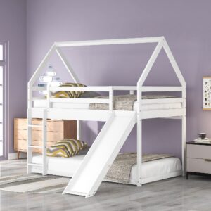 harper & bright designs house bed bunk beds with slide, wood bunk beds with roof and guardrail twin over twin bunk bed for kids, toddlers, no box spring needed (new, white)