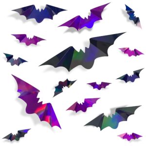 72pcs bats halloween decoration iridescent 3d bats wall decor black purple holographic paper decorative bat wall art decals stickers spooky bats for halloween home room decor party decoration supplies