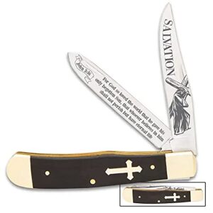 budk salvation trapper pocket knife – dual stainless steel blades, laser etched artwork, black buffalo horn handle, cross inlay – christian gift ideas - 4” closed