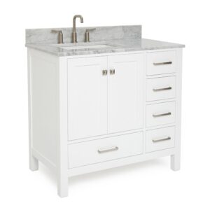 ariel cambridge 37 inch bathroom vanity with sink, white bathroom vanity, solid wood vanity base cabinet, carrara marble countertop, left rectangular single sink, 2 soft closing doors, 5 drawers