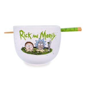 silver buffalo rick and morty portal japanese ceramic dinnerware set | includes 20-ounce ramen noodle bowl and wooden chopsticks | asian food dish set for home & kitchen