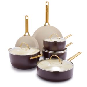 greenpan reserve hard anodized healthy ceramic nonstick 10 piece cookware pots and pans set, gold handle, pfas-free, dishwasher safe, oven safe, merlot purple