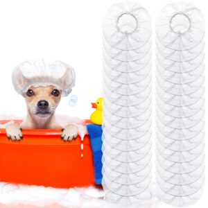 200 pieces dog shower cap dog ear covers for bathing disposable pet shower caps plastic overhanging dog ear protection for shower cats ear drops guard for kitten puppy small pets bath clear waterproof