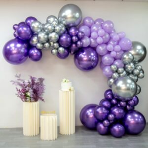 moxmay purple silver balloon garland 127 pcs 18in 12in 10in 5in latex balloons arch kit for halloween retirement new year graduation birthday party decors (purple silver)