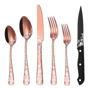 stapava 24-piece copper silverware set with steak knives for 4, unique stainless steel rose gold flatware cutlery set, mirror polished, dishwasher safe utensils