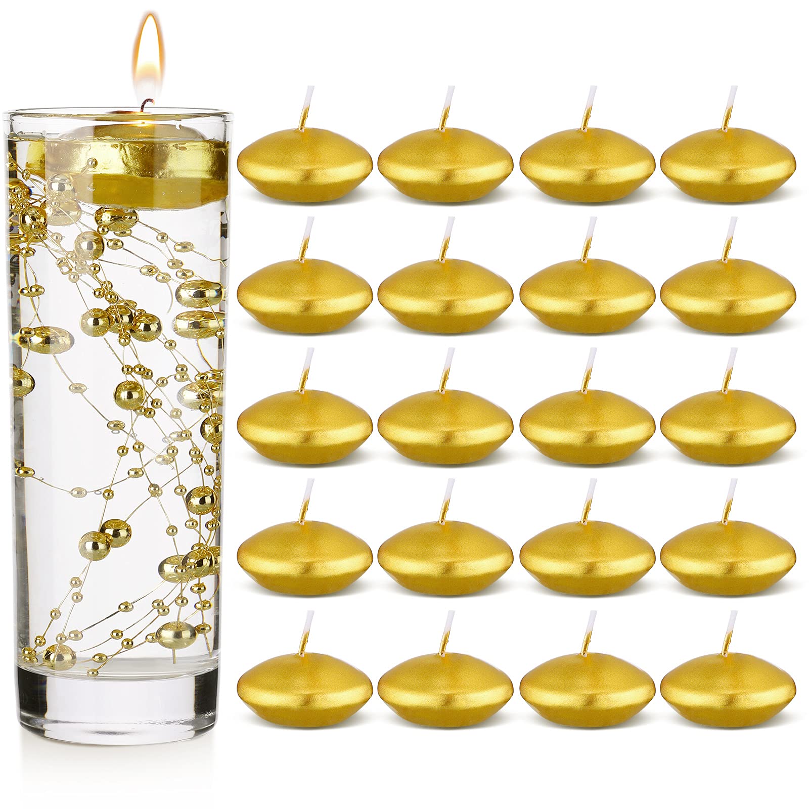 Nuanchu 20 Pcs Mini Floating Candles Small Floating Candles Round Tea Lights Unscented Candles Disc Candles Smooth Wax Floating Candles for Pool Bathtub Dinner Wedding Home Favors(Gold, 0.7 x 1.4 in)