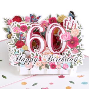 homanga 60th birthday pop up card, happy 60th birthday card for her, women, wife, 60th birthday gift for sister, mom, friend, pop up birthday greeting card with blank note and envelope, 6" x 8"