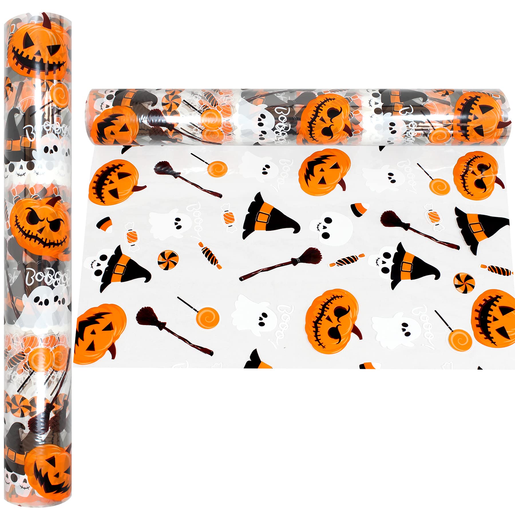 AnapoliZ Halloween Cellophane Wrap Roll | 100’ Ft Long X 16” in. Wide | 2.3 Mil Thick, Crystal Clear with Halloween Designs| Gifts, Baskets, Treats Cello Wrapping Paper | Pumpkin, Witches Cello Roll