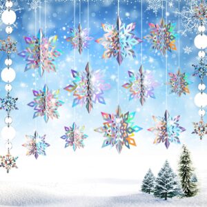 julmelon 15pcs frozen 3d hanging snowflakes decorations, holographic snowflakes garland silver snowflakes for winter wonderland decorations frozen birthday party supplies