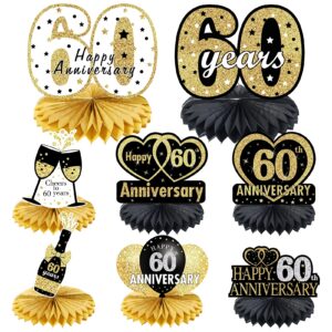 happy 60th anniversary decorations table honeycomb centerpiece, 8pcs 60 wedding anniversary party supplies, black gold sixty year anniversary table topper decor kit