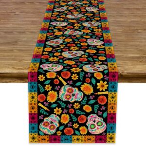 dia de los muertos table runner linen mexican sugar skull day of the dead altar decoration for home kitchen dining room (13" x 72")